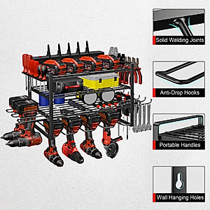 Spaclear Power Tool Organizer Wall Mount with Charging Station Garage Tools and Battery Storage Rack 4 Layer 6 Drill Holder Utility Rack Tool Shelf with Screwdriver/Plier/Hammer Holder Gift for Men