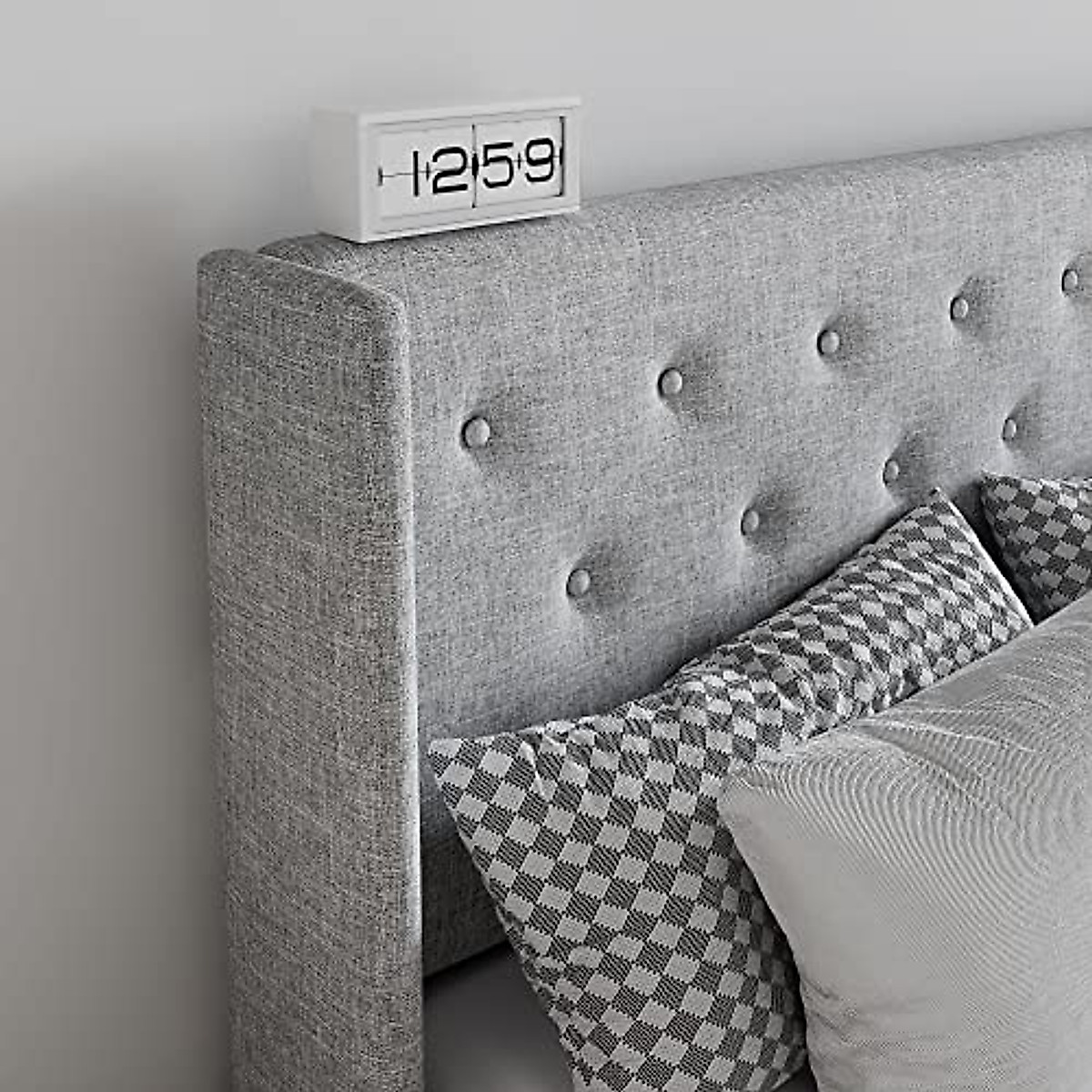 SHA CERLIN Full Size Lift Up Storage Bed/Button Tufted Wingback Headboard/Hydraulic Storage/Upholstered Platform Bed Frame/No Box Spring Needed/Wood Slats Support/Light Grey