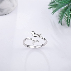 YLT 925 Sterling Silver Peace Dove Animal Jewelry Ring CZ Dove with Olive Leaf Adjustable Open bird of peace rings Gifts for Women Teens
