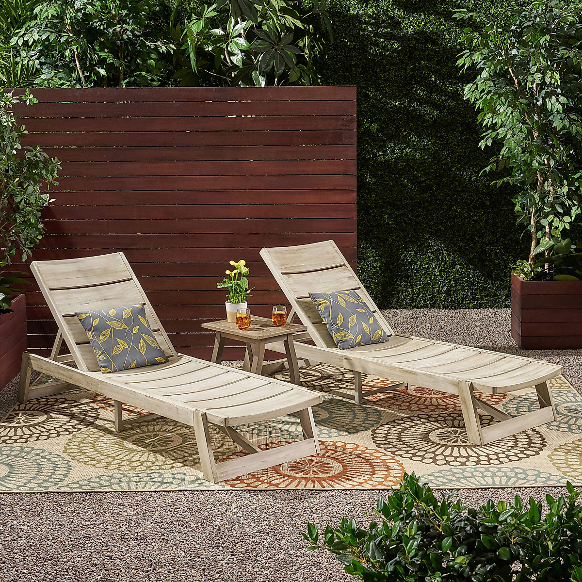 GDFStudio Outdoor Acacia Wood Chaise 3 Piece Lounge Set