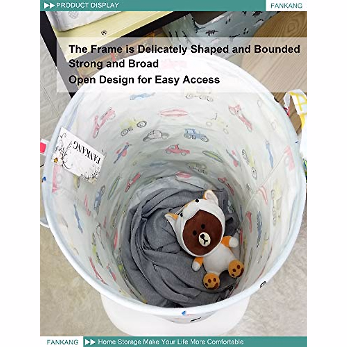 FANKANG Storage Basket, Nursery Hamper Canvas Laundry Basket Foldable with Waterproof PE Coating Large Storage Baskets for Kids Boys and Girls, Office, Bedroom, Clothes,Toys（Car）