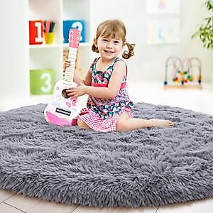 junovo Round Rug 4x4 Feet Fluffy Soft Area Rugs for Kids Girls Room Princess Castle Plush Shaggy Carpet Cute Circle Nursery Rug for Kids Girls Bedroom Baby Room Home Decor Circular Carpet, Grey