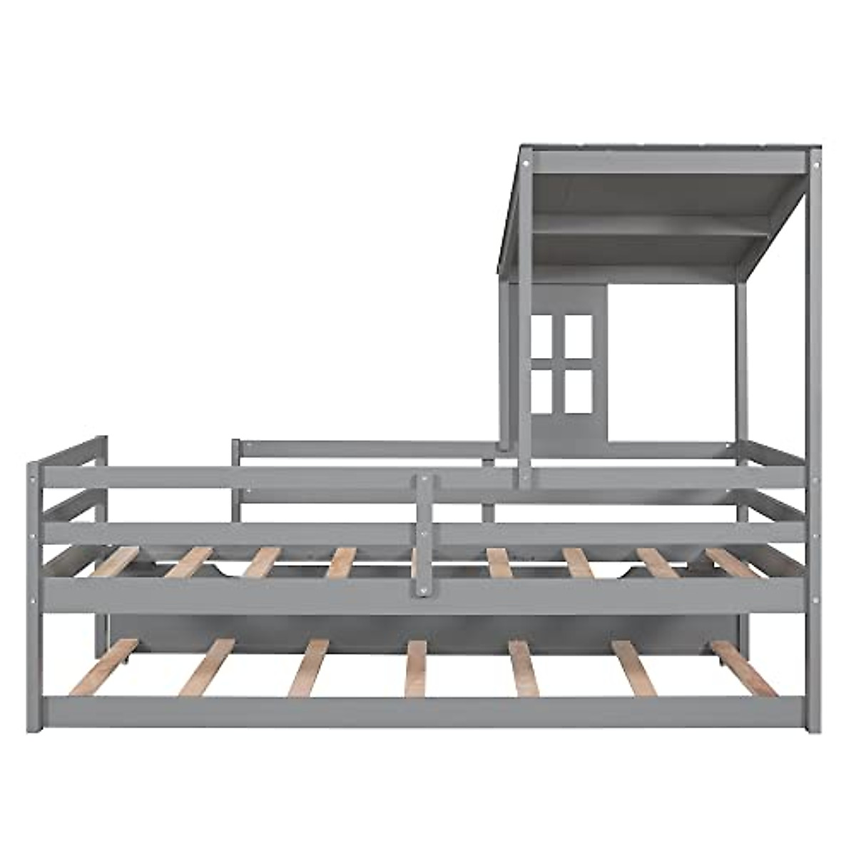 DHHU House Bed with Trundle, Window and Roof, Twin Size Low Loft Bed with Trundle, Wooden Bed Frame for Boy Girl Kids Toddler, Grey