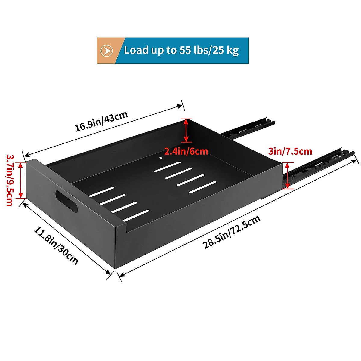 Sanbege Pull Out Cabinet Organizer Self Adhesive, Heavy Duty Metal Sliding Drawer, 16.9" D x 11.8" W x 3.7" H Slide Out Pantry Shelf for Kitchen, Bathroom, Bedroom, Living Room, Garage, Office (Black)
