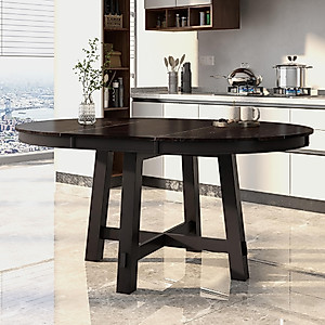 Merax Round Wood Dining Table, Farmhouse Round Extendable Dining Table with 16" Leaf Wood Kitchen Table for Dining Room, Kitchen (Espresso)