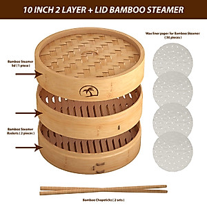 DEALZNDEALZ 3-Piece Bamboo Steamer Basket with Lid 10-inch 2-Tier, 50 Perforated Bamboo Steamer Liners with 2-Pairs of Bamboo Chopsticks