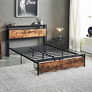 Eifizek Full Size Bed Frame with Charging Station, Platform Bed Frame with Storage Headboard and Drawers, Easy Assembly, No Box Spring Needed (Brown)