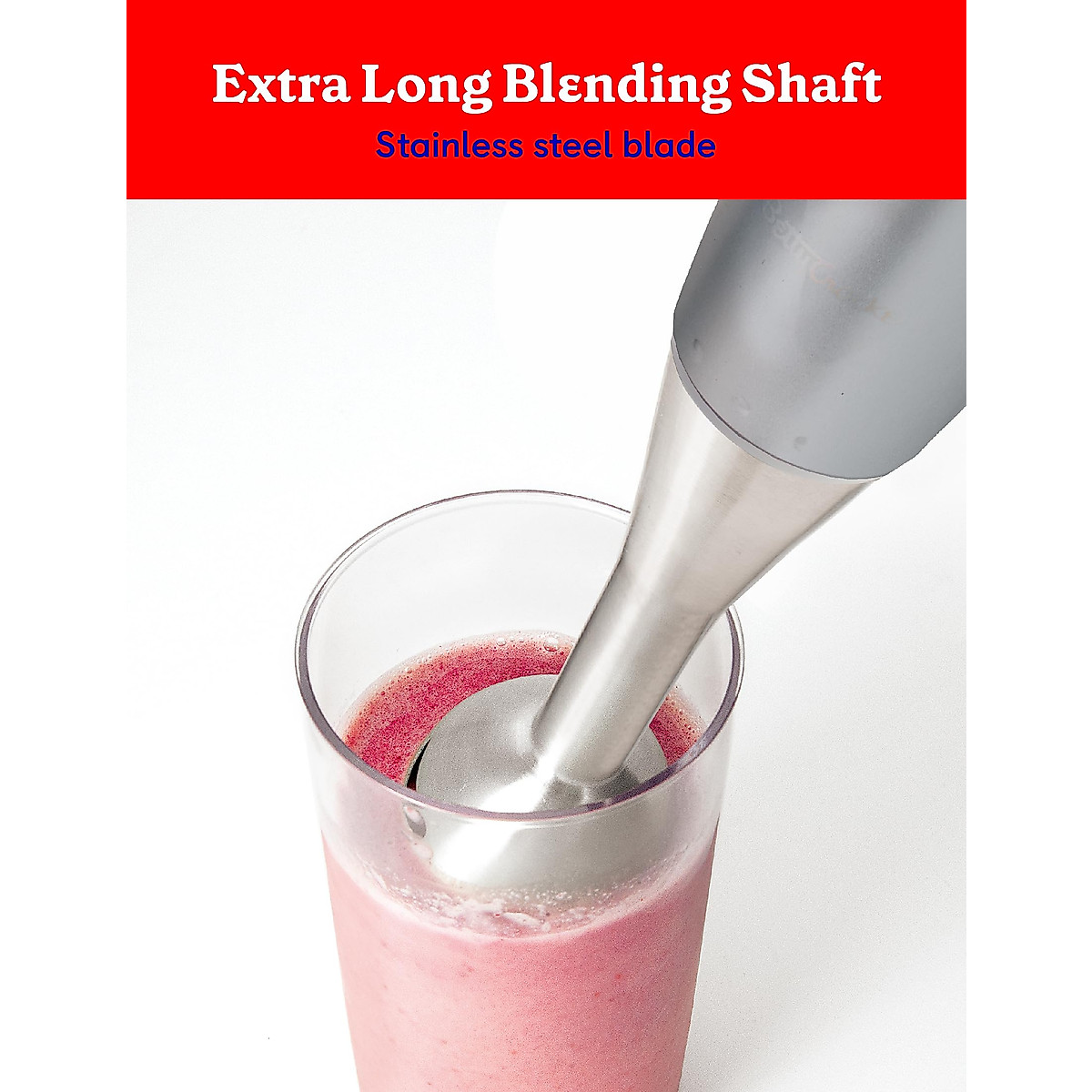 BETTY CROCKER Immersion Blender for Home & Kitchen, 2-Speed Hand Mixer Electric Handheld with Stainless Steel Blade, Beaker & Whisk, 250W Portable Blender with Ergonomic Handle, Silver