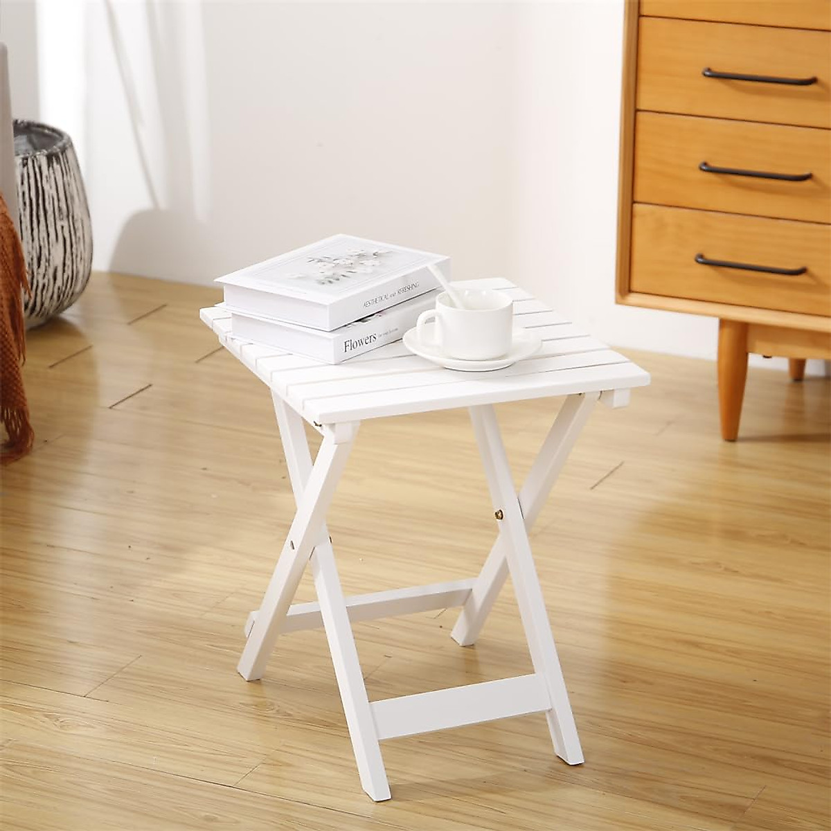 BplusZ Outdoor Patio Wooden Rocking Chairs Small Folding Side Table Set 3 Piece Furniture, 2 Rockers and 1 Foldable End Table, Porch Bistro Balcony, White