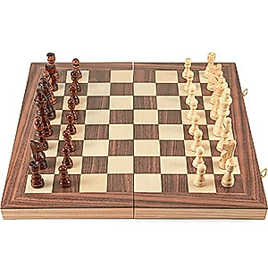 AMEROUS 15'' Wooden Chess & Checkers Set, 2 in 1 Board Games -2 Extra Queens -24 Cherkers Pieces - Gift Box Packed - Chessmen Storage Slots, Beginner Chess Set for Kids and Adults