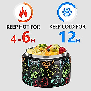 JXXM 8 Oz Thermo Food Jar for Hot & Cold Food for Kids, Insulated Lunch Containers Hot Food Jar,Leak-Proof Vacuum Stainless Steel Wide Mouth Lunch Soup thermo for School,Travel (BLACK-Game Console)