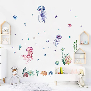 wondever Under The Sea Jellyfish Wall Stickers Ocean Seaweed Peel and Stick Wall Art Decals for Baby Nursery Kids Bedroom Bathroom