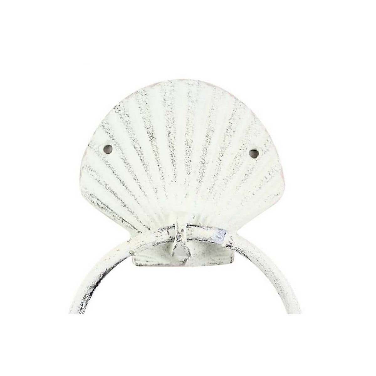 Rustic Whitewashed Cast Iron Seashell Towel Holder 8.5" - Seashell Home Decor -
