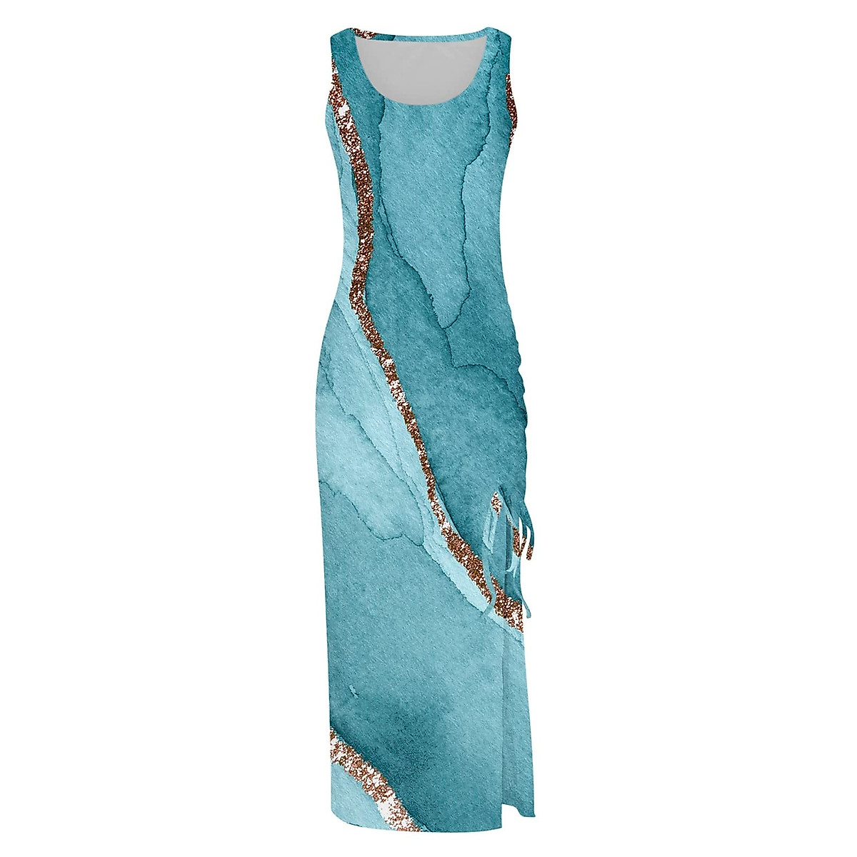 Lenago Prime of Deals of the Day Today Only Summer Sun Dresses for Women 2024 Cute Floral Print Bodycon Women's Dresses Casual Summer Sexy Sleeveless High Waist Ribbed Drawstring Ruched High Slit