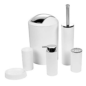 Bathroom Accessories Set 6 Piece - Trash Can, Toothbrush Holder, Toothbrush Cup, Soap Dispenser, Soap Dish, Toilet Brush Holder - Modern Bathroom Decor Set (Extra White)