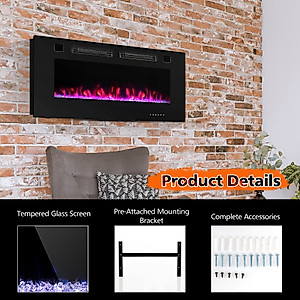 COSTWAY 42-Inch Wide Electric Fireplace, 3.19-Inch Deep Ultra-Thin Wall-Mounted and Recessed Fireplace Heater, Decorative Crystal Included, 12 Flame Color, Remote Control and Smart APP Control, 1500W