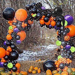 KAKAN Halloween Balloon Arch Kit, Halloween Balloon Garland with Halloween Spider Web, Black Orange Purple Balloons, Dot balloon, Long Balloon, 3D Bat Sticker, Tool Set for Halloween Party Decorations