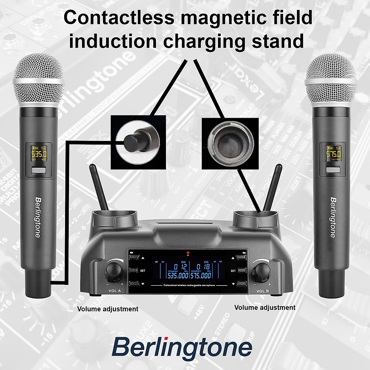 Berlingtone, Professional Dual Dynamic Handheld UHF Wireless Microphone System, Magnetic Wireless Charging, 2x100 Adjustable Frequency Channels for Karaoke, Meeting, Church, up 200ft Range (BR-60UM)