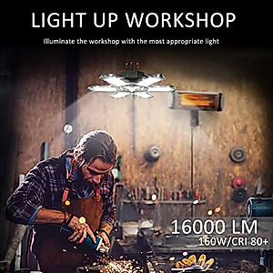 LED Garage Light with 6 Adjustable Panels, 16000 LM Plug in Linkable LED Shop Light, 160W 6500K Deformable Garage Lights Ceiling Led Light Fixtures with Built-in ON/Off Switch(1 Pack)