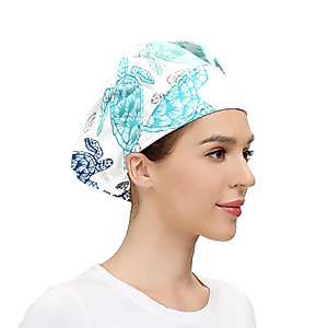 Womens Working Cap with Cotton Sweatband Adjustable Elastic Bouffant Hat Tie Back Work Hats for Women Men One Size Working Cap Head Hair Covers Boho Sea Turtle Tortoise (3)