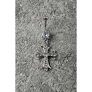 Pierced Owl 14G 316L Surgical Steel Celtic Cross with Paved Gems Dangling Belly Button Ring (Silver Tone)