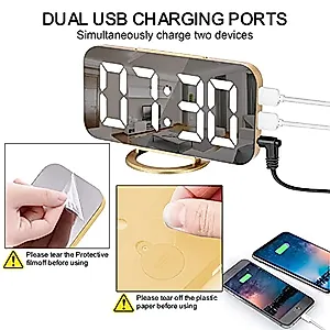 SZELAM Digital Alarm Clock,LED and Mirror Desk Clock Large Display,with Dual USB Charger Ports,3 Levels Brightness,12/24H,Modern Electronic Clock for Bedroom Home Living Room Office - Gold