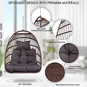 Garden Wicker Hanging Egg Chair with Seat Cushion and Pillow, Rattan Hammock Chair Ideal for Bedroom Patio Porch Lounge (Brown)