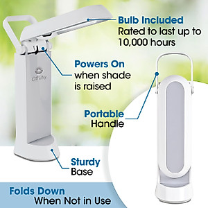 OttLite Folding Task Lamp, White – Multi-Position Shade, Fold-Up Design, Portable Handle, Low Heat & Low Glare Illumination, Fits on Desks & Workstations