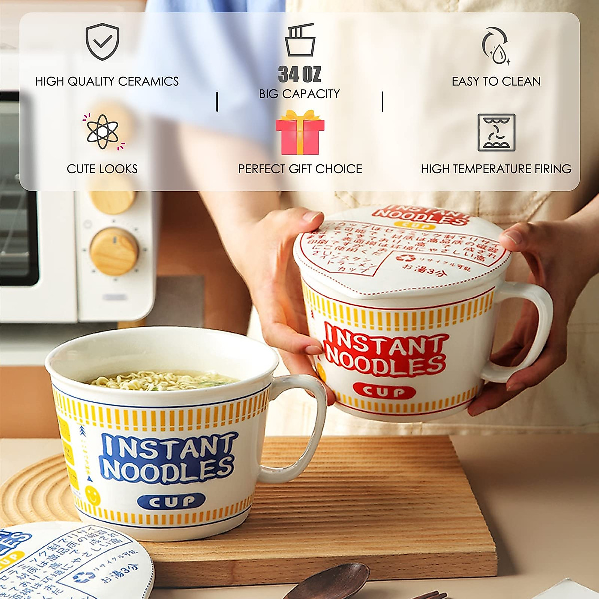 Ramen Noodle Bowl with Lid Creative Instant Noodle Cooker Bowl Large Japanese Ceramic Soup Bowl with Handle (F)