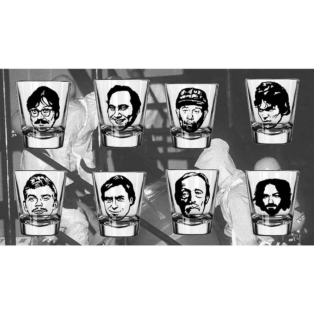 8 Set of Serial Killer Shot Glasses Bundy Kemper Ramirez Gein Fish Berkowitz Manson Dahmer