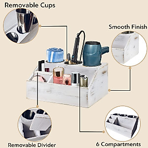 Rustic Wood Farmhouse Bathroom Hair Tool Organizer Makeup Organizer Vanity Tray - Vanity Organizer for Bathroom Counter - Hair Dryer Holder - Blow Dryer Holder Bathroom Counter Tray 12" x7”