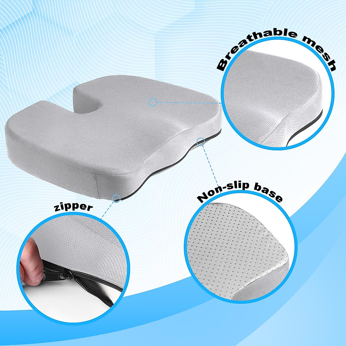 Benazcap Seat Cushion for Office Chair Cushions,Non-Slip, Sciatica & Tailbone Pain Relief Firm Coccyx Pad for Long Sitting, for Desk Chair/Car Seat/Gaming Chair/Wheelchair,Grey