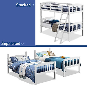 GOFLAME Twin Over Twin Bunk Beds, Convertible Into Two Individual Solid Rubber Wood Beds, Space Saving Design, Children Stylish Sleeping Bedroom Furniture with Ladder and Safety Rail (White)