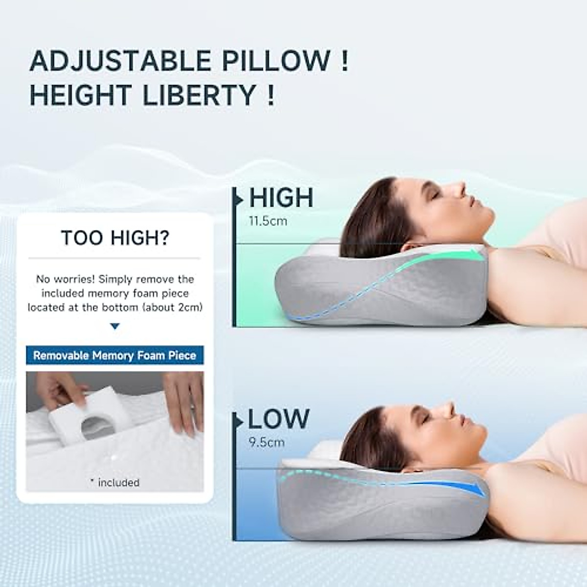 zibroges Cervical Pillow, Memory Foam Pillow for Neck Head Shoulder Pain Relief Sleeping Supports Your Head, Cooling Ergonomic Orthopedic Contoured Neck Bed Pillow for Side, Back,Stomach Sleepers