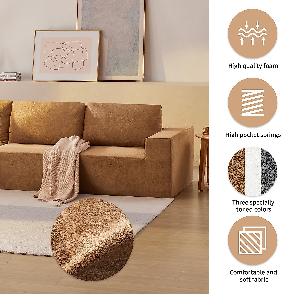 Favfurish Modular L Shaped Sectional Sofa,Sleeper Couch Set,Upholstered Reversible Sofa-Bed,5 PC Free Combination,for Living Room Bedroom Apartment,Brown