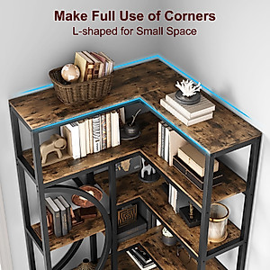 Knowfunn Industrial Corner Bookshelf with 6 Tier, L-Shaped Modern Bookcase, Large Corner Storage Rack, Wooden Corner Display Shelf for Home, Office, Living Room, Bedroom - Rustic Brown