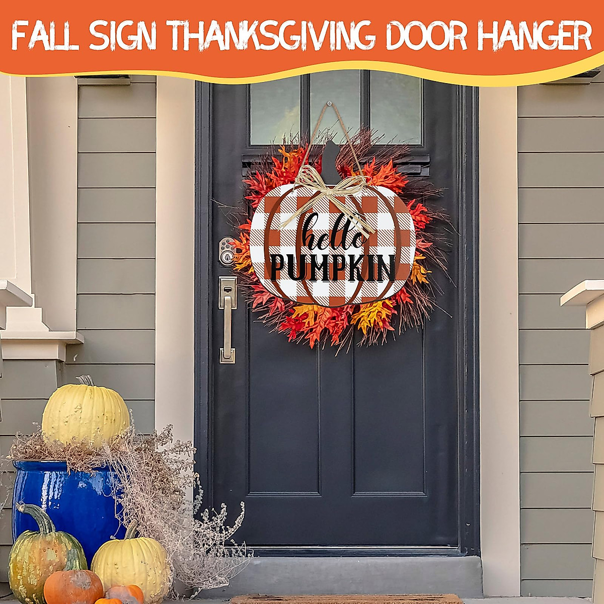 Tradder Fall Welcome Sign Thanksgiving Fall Pumpkin Sign with Bow Fall Wall Hanging Sign Rustic Wood Door Sign Double Sided Printing Pumpkin Farmhouse Door Hanger for Home Decoration (Rustic Style)
