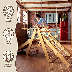 Set 3 in 1 Wooden Triangle Ladder + Climbing Net + Board Slide with Ramp, Montessori Play Gym for Toddlers - Kids Indoor Playground, Aged 6 Months to 7 Years