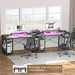 armocity Computer Desk with LED Lights, 55 Inch Desk with Power Outlet and USB, Reversible Large Desk with Moveable Monitor Stand, 55.2'' Gaming PC Table for Home Office, Workstation, Grey and Black