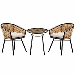 Outsunny 3 Piece Patio Set, Outdoor Bistro Furniture, PE Rattan Wicker Table and Chairs, Cushioned, Hand Woven, Barrel-Style with Tempered Glass for Garden, Porch, Pool, Backyard, Cream White