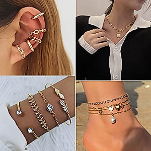 17IF 36 Pcs Gold Jewelry Set with 8 Pcs Rings, 6 Pcs Necklace, 12 Pcs Bracelet and 10 Pcs Earring Ear Cuff for Women Fashion Indie Costume Jewerly Pack for Anniversary Birthday Friendship MerryChristmas Party Gift