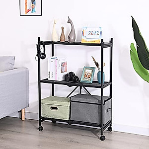 RokiaTek 3-Shelf Foldable Storage Shelves with Wheels, Large Capacity Metal Standing Shelving Unit, No Assembly Heavy Duty Organizer Rack for Kitchen, Garage, Basement, Pantry, Matte Black