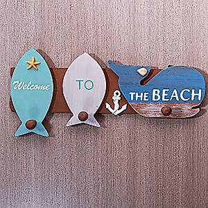 2-Pack Nautical Theme Hook Wall Mounted Wooden Coat Rack Key Hooks, Wooden Fish Welcome Key Holder for Wall with 3 Hooks Organizer, Welcome Door Wall Hook with Beach Nautical Decoration