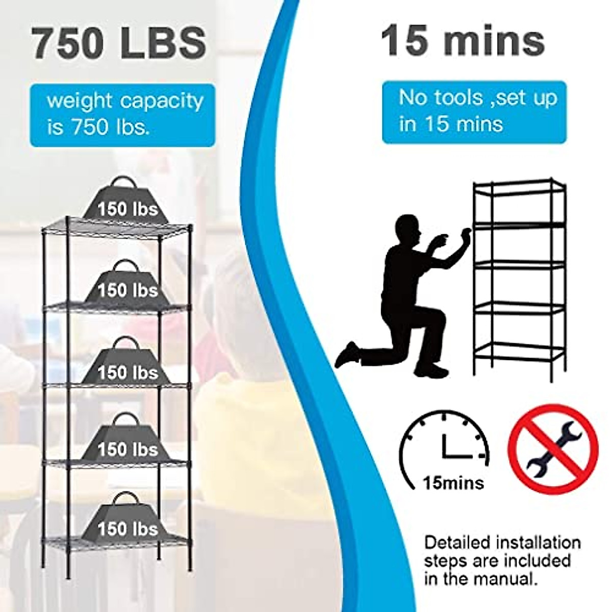 Wire Shelving Unit Metal Shelf Organizer Heavy Duty Wire Rack Storage Unit Rack Utility for Bathroom Office Kitchen (Black, 14" D x 24" W x 60" H)