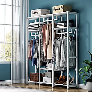Tribesigns FreeStanding Closet Organizer, Industrial 3 Rod Garment Rack with 4-Tier Storage Shelf, Rustic Wardrobe Rack Clothes Rack for Hanging Clothes and Storage (White)