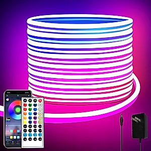 segrass 32.8ft LED neon Lights with Remote APP Control IP65 Waterproof Flexible Neon Strip Lights 24V RGB Rope Lights for Bedroom Room Outdoors Décor