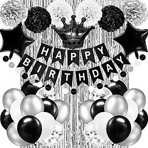 Black and Silver Birthday Party Decorations for Men Women Boys Girls Happy Birthday Banner Balloons Foil Fringe Curtains Black and White Party Decorations