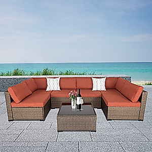 JSUN7 Outdoor Patio Furniture Set, 7 Pieces PE Brown Rattan Wicker Sofa Set, Outdoor Sectional Furniture Conversation Chair Set with Cushions and Tea Table,(Maple Red)