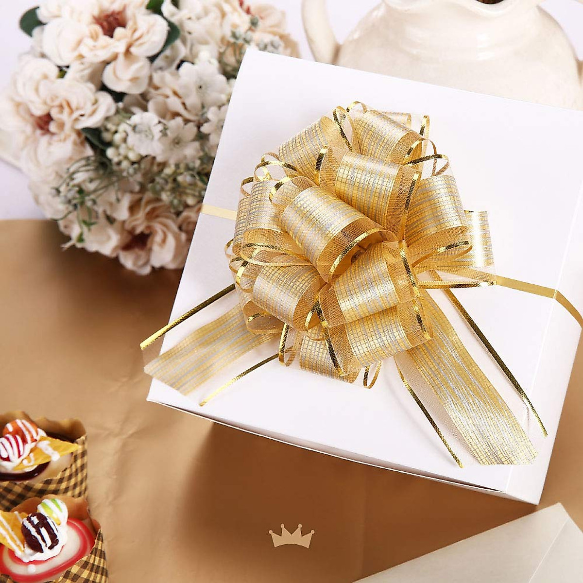 PACKQUEEN 15 Gold Gift Bows Large, 6 inches, Gift Pull Bows for Presents, Christmas Gift Bows Bulk for Baskets