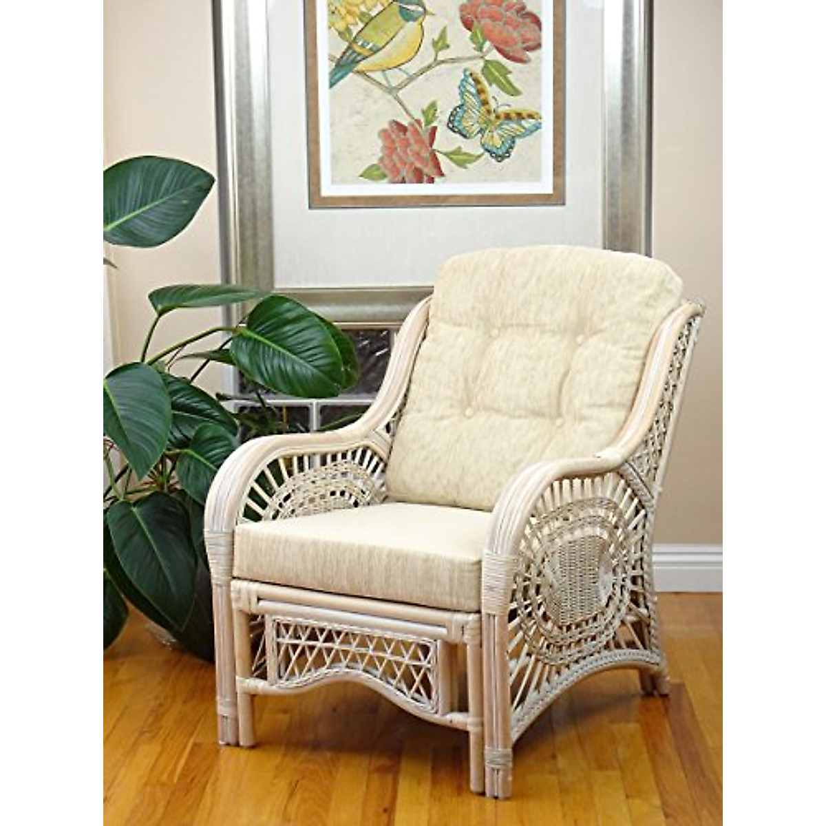 Malibu Lounge Set of 4: 2 Natural Rattan Wicker Chairs, Loveseat with Cream Cushions and Coffee Table w/Glass Handmade, White Wash